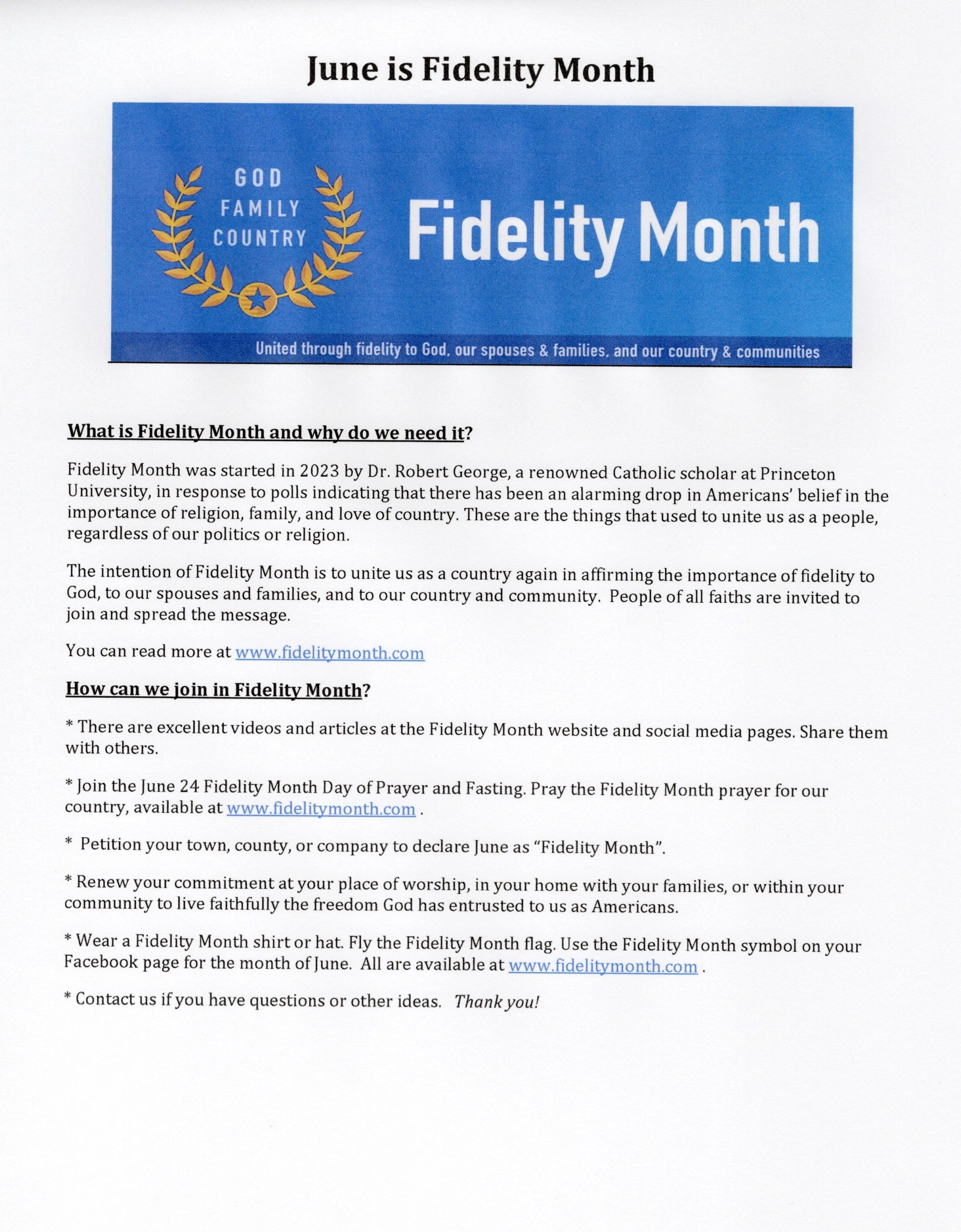 Sample Fidelity Month Blurb & Flyer